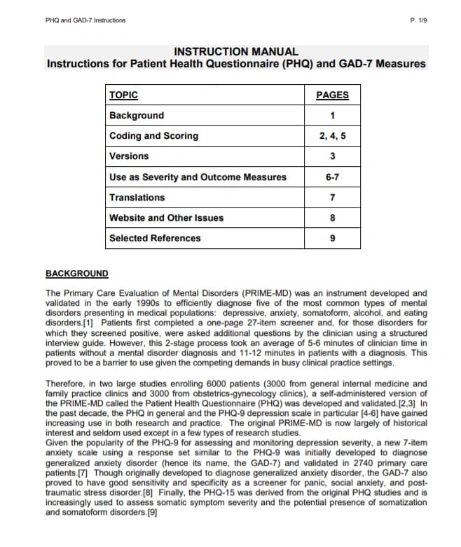 INSTRUCTION MANUAL : INSTRUCTIONS FOR PATIENT HEALTH QUESTIONNAIRE (PHQ ...