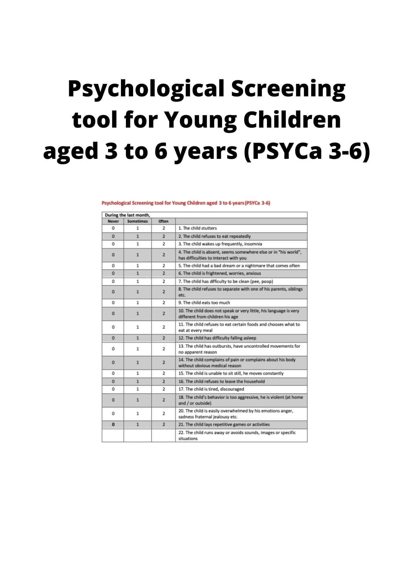 PSYCHOLOGICAL SCREENING TOOL FOR YOUNG CHILDREN AGED 3 TO 6 YEARS ...