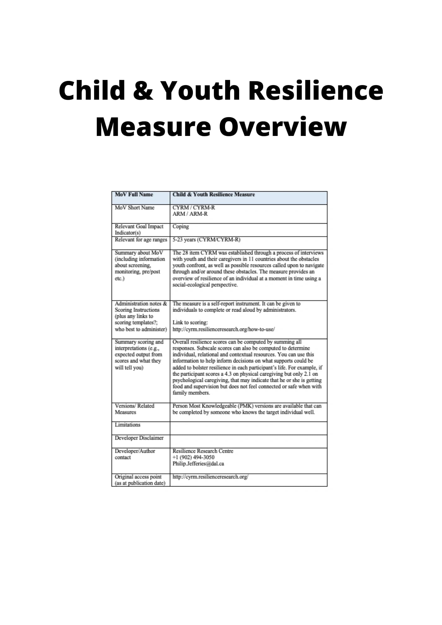 CHILD & YOUTH RESILIENCE MEASURE OVERVIEW - IASC MHPSS M&E FRAMEWORK ...