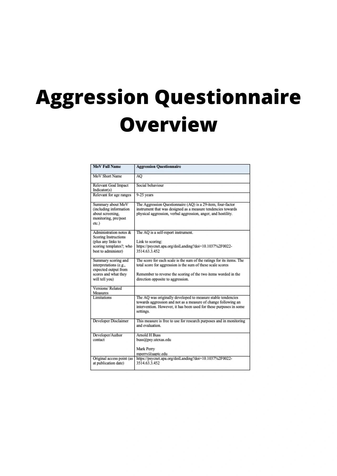 AGGRESSION QUESTIONNAIRE OVERVIEW - IASC MHPSS M&E FRAMEWORK MOV ...