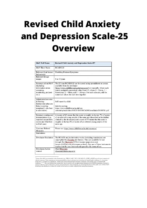 REVISED CHILD ANXIETY AND DEPRESSION SCALE-25 OVERVIEW - IASC MHPSS M&E ...