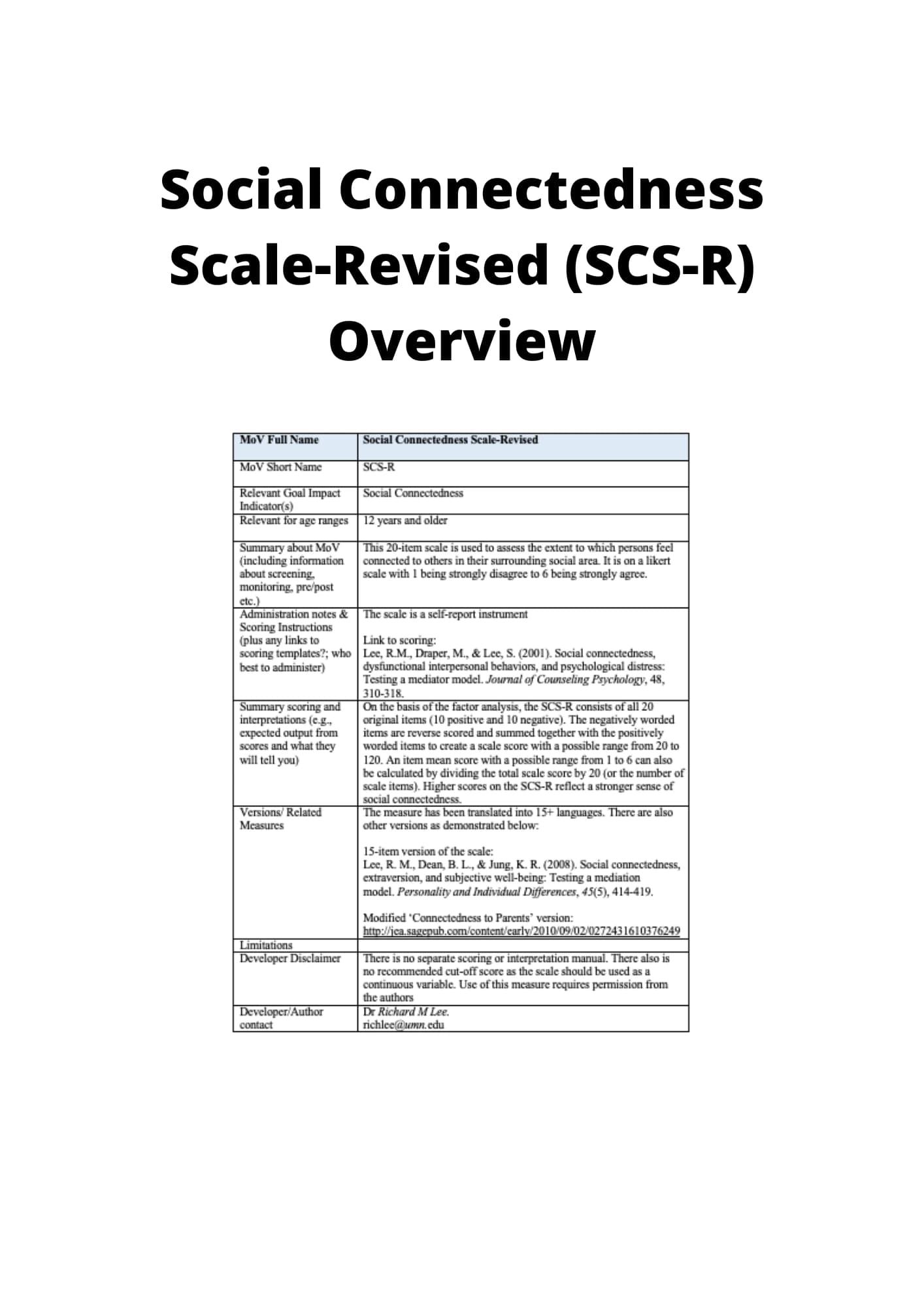 SOCIAL CONNECTEDNESS SCALE-REVISED (SCS-R) OVERVIEW - IASC MHPSS M&E ...