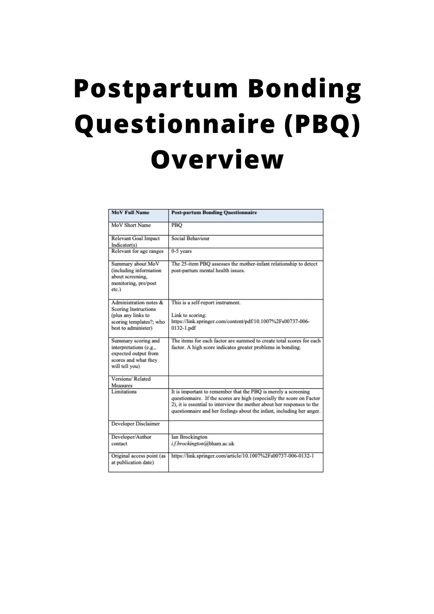 POSTPARTUM BONDING QUESTIONNAIRE (PBQ) OVERVIEW - IASC MHPSS M&E ...
