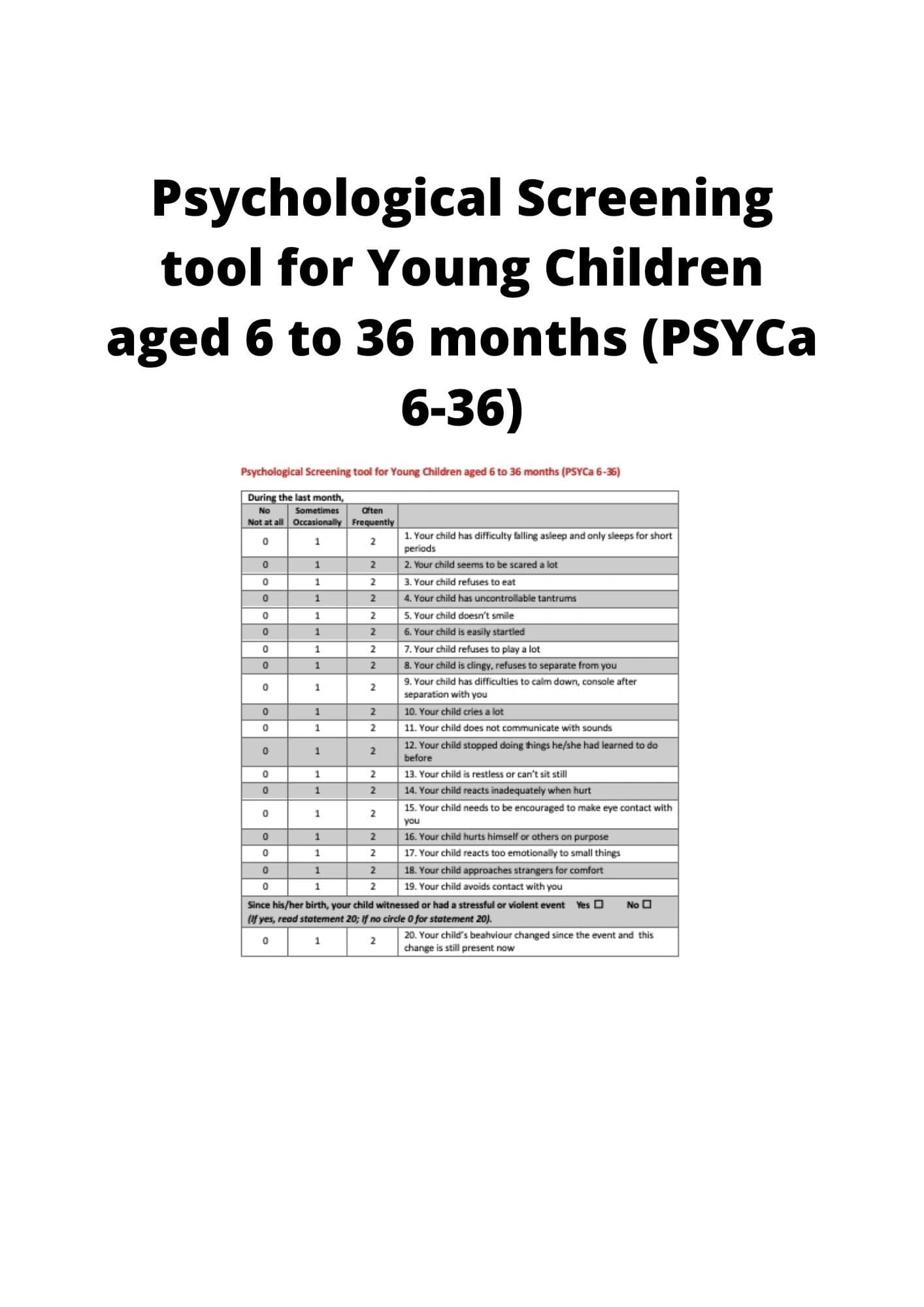 PSYCHOLOGICAL SCREENING TOOL FOR YOUNG CHILDREN AGED 6 TO 36 MONTHS ...