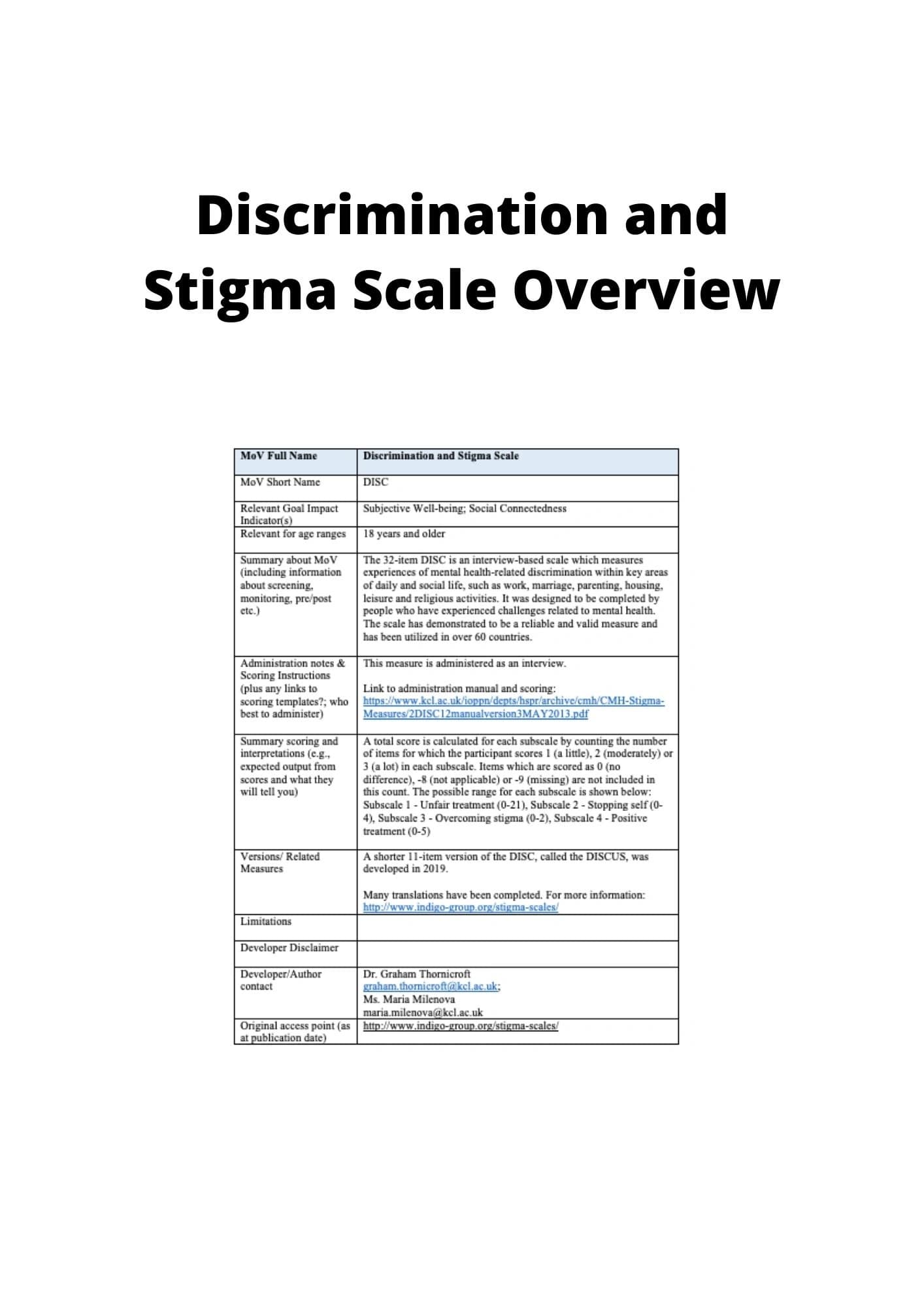 DISCRIMINATION AND STIGMA SCALE OVERVIEW - IASC MHPSS M&E FRAMEWORK MOV ...