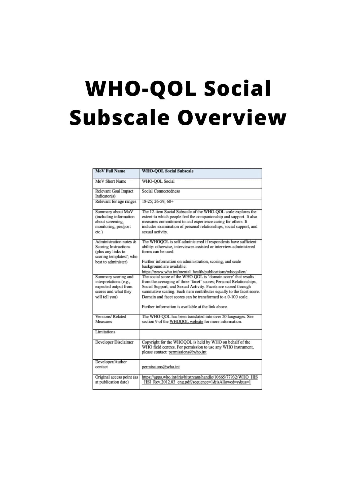 WHO-QOL SOCIAL SUBSCALE OVERVIEW - IASC MHPSS M&E FRAMEWORK MOV Toolkit ...