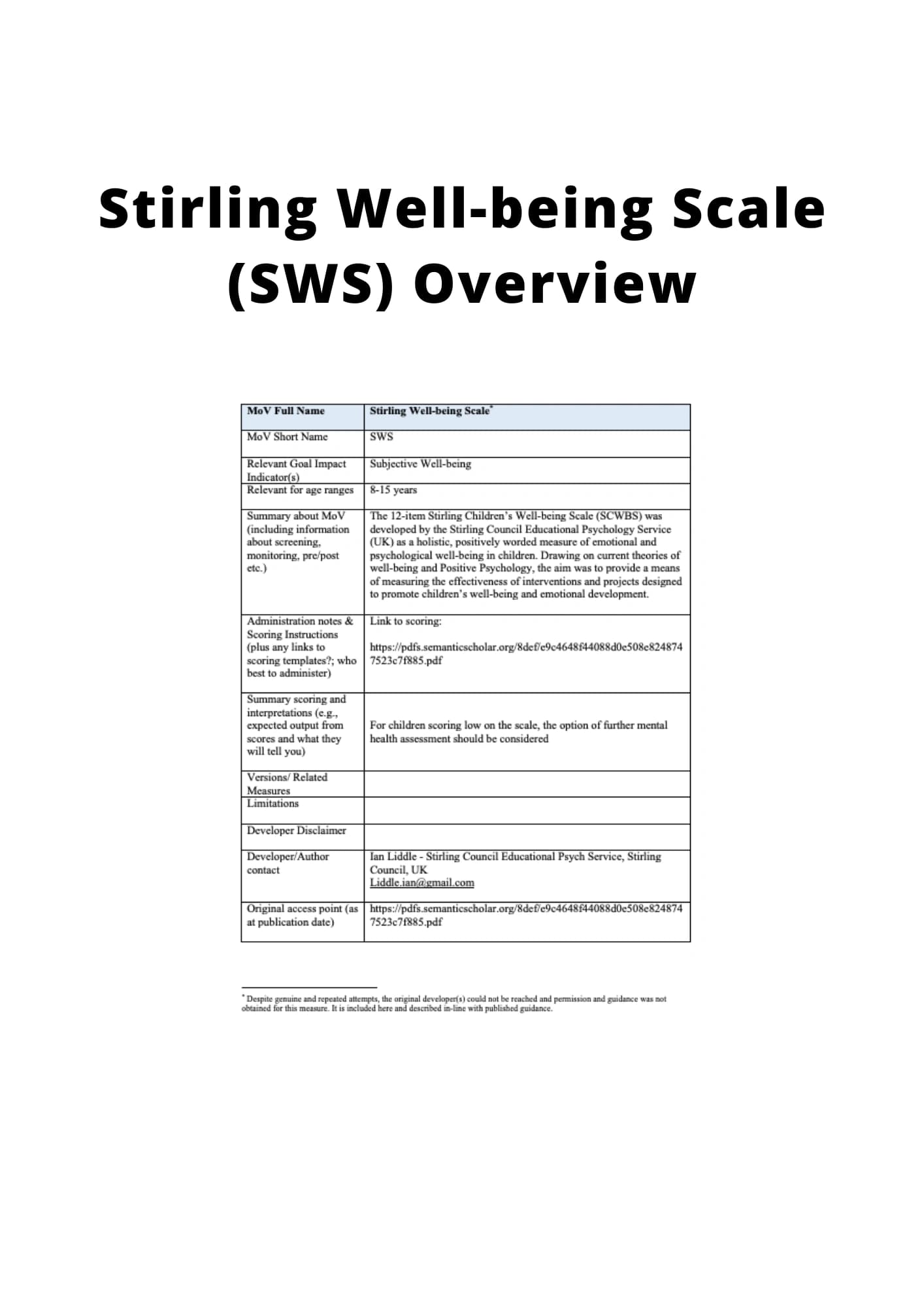 STIRLING WELL-BEING SCALE (SWS) OVERVIEW - IASC MHPSS M&E FRAMEWORK MOV ...