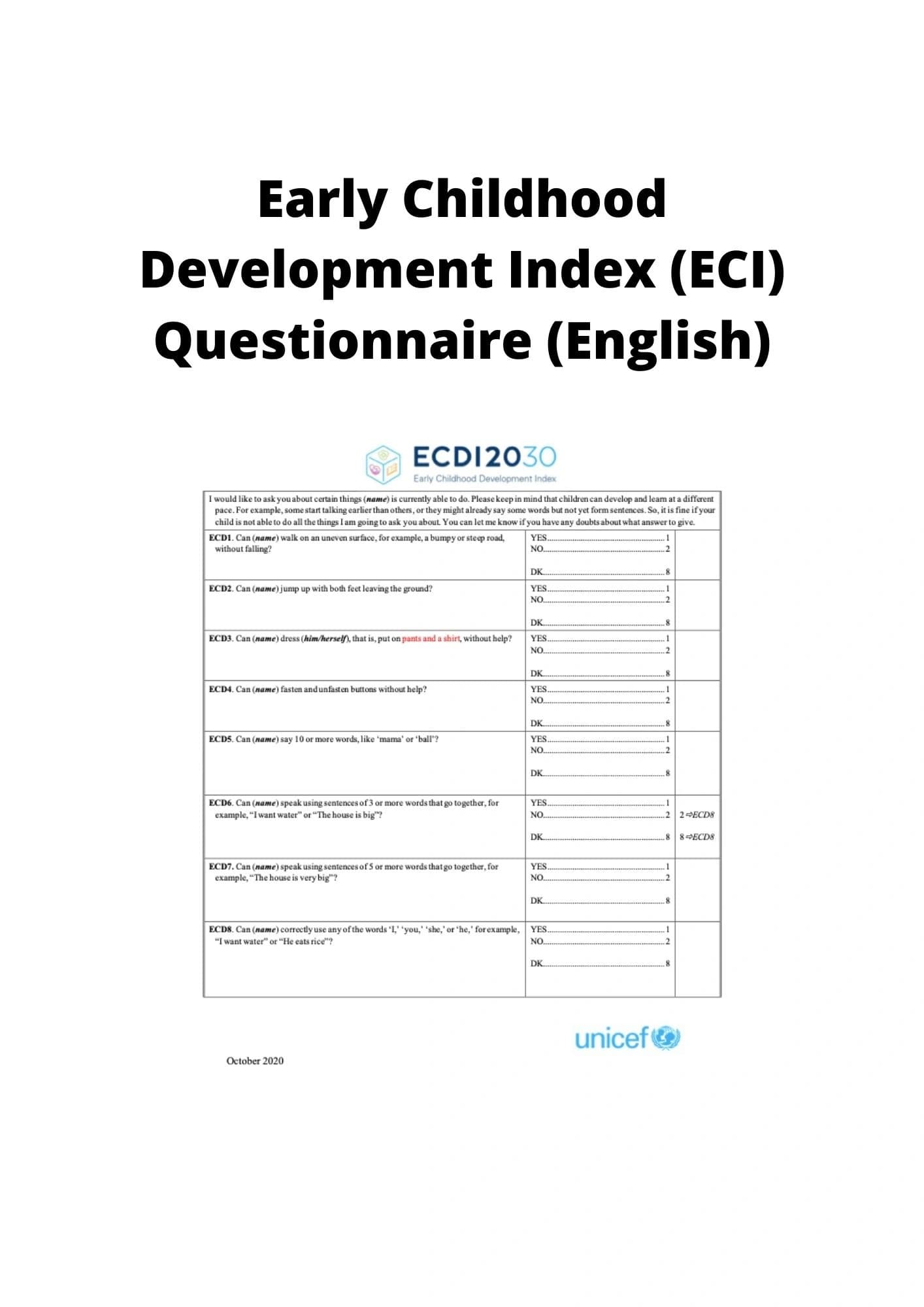EARLY CHILDHOOD DEVELOPMENT INDEX (ECI) QUESTIONNAIRE (ENGLISH) - IASC ...