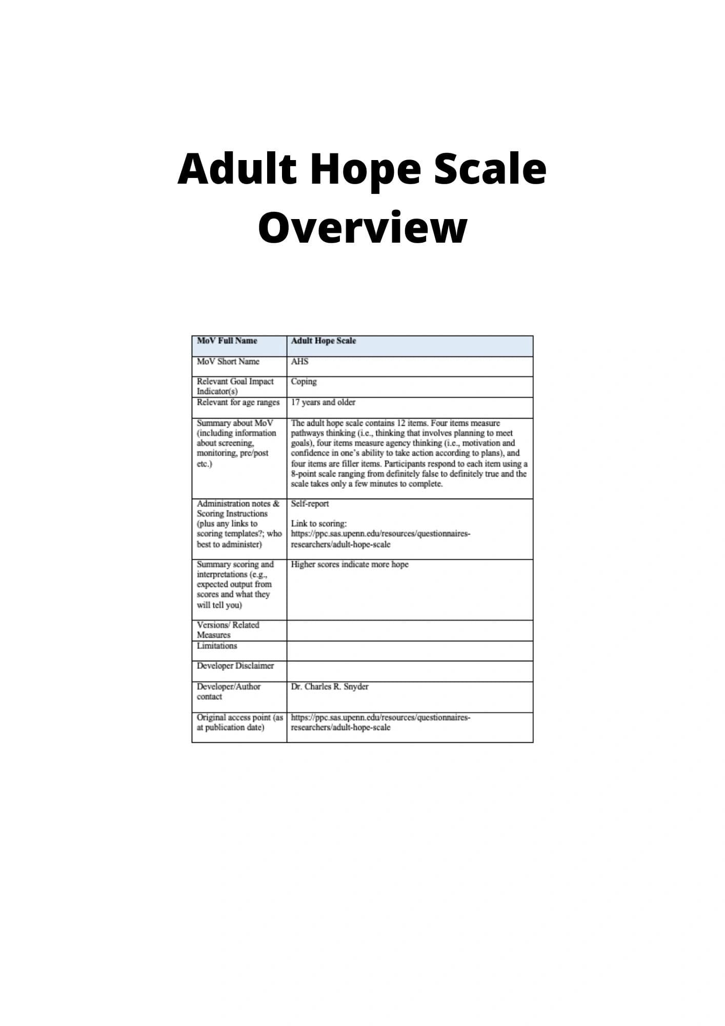 ADULT HOPE SCALE OVERVIEW - IASC MHPSS M&E FRAMEWORK MOV Toolkit - The ...