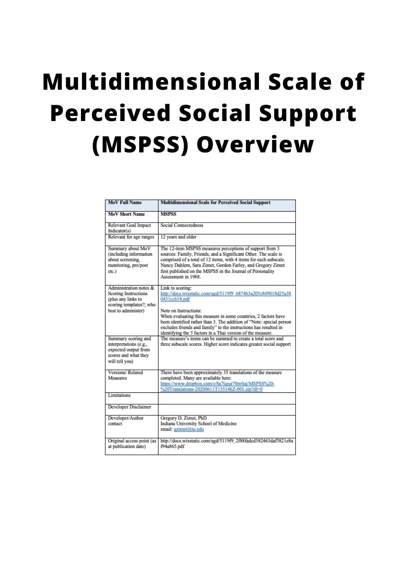 MULTIDIMENSIONAL SCALE OF PERCEIVED SOCIAL SUPPORT (MSPSS) OVERVIEW - IASC MHPSS M&E FRAMEWORK ...