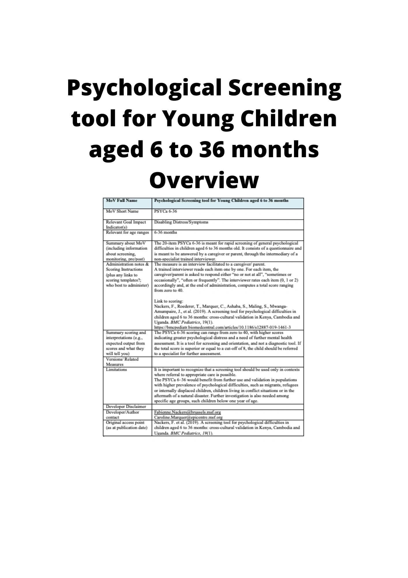 PSYCHOLOGICAL SCREENING TOOL FOR YOUNG CHILDREN AGED 6 TO 36 MONTHS ...