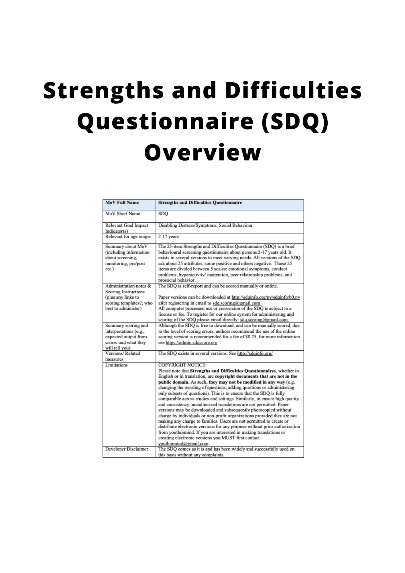 STRENGTHS AND DIFFICULTIES QUESTIONNAIRE (SDQ) OVERVIEW - IASC MHPSS M&E FRAMEWORK MOV Toolkit ...